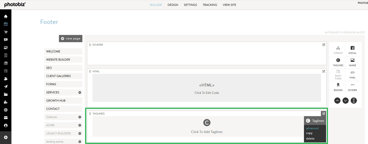 How To Use Tagline Blocks In The Footer - PhotoBiz Knowledge Base