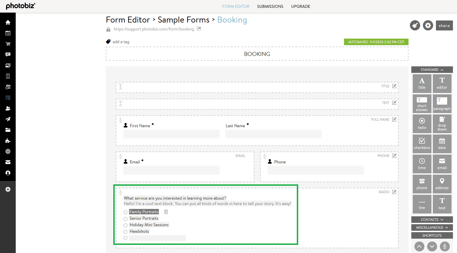 How do I edit the radio button choices on my form? - PhotoBiz Knowledge Base