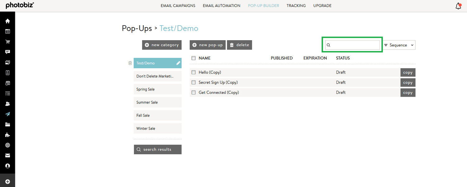 How To Search Pop Ups I've Created - PhotoBiz Knowledge Base
